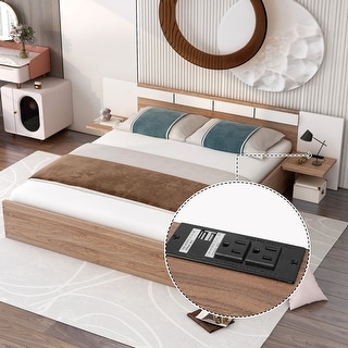 Sockets Design Queen Size Platform Bed with Headboard, Shelves, USB ...