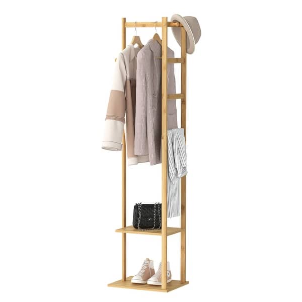 15" Wide Solid Wood Freestanding Coat Rack with Storage - Bamboo Color ...