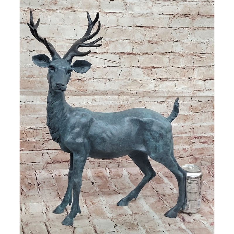 Bronze Deer Stag W/ Antlers Statue Realistic Wildlife Sculpture Decor ...