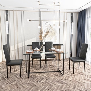 5-piece Rectangle Dining Table Set with Transparent Tempered Glass Top ...