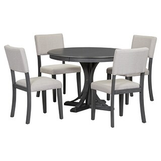 5-Piece Dining Set with Round Fixed Table and Upholstered Chairs, Grey ...