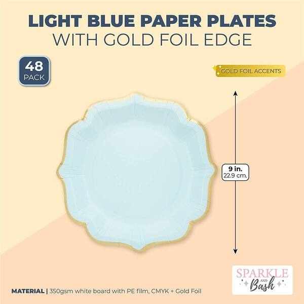 Light Blue Paper Party Plates with Gold Foil Scalloped Edging (9 In, 48 ...