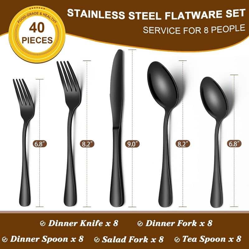 40-Piece Silverware Set Service for 8, Stainless Steel Flatware Cutlery Set, Knives Forks Spoons ...