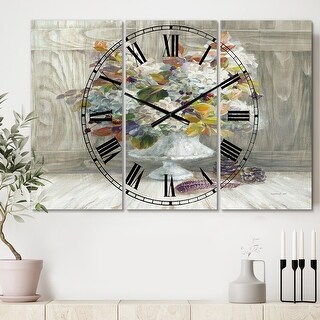 Designart 'Rustic Florals White' Cottage 3 Panels Oversized Wall CLock ...