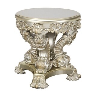Esen 28 Inch Round End Table, Sculpted Floral Carvings, Resin, Antique ...