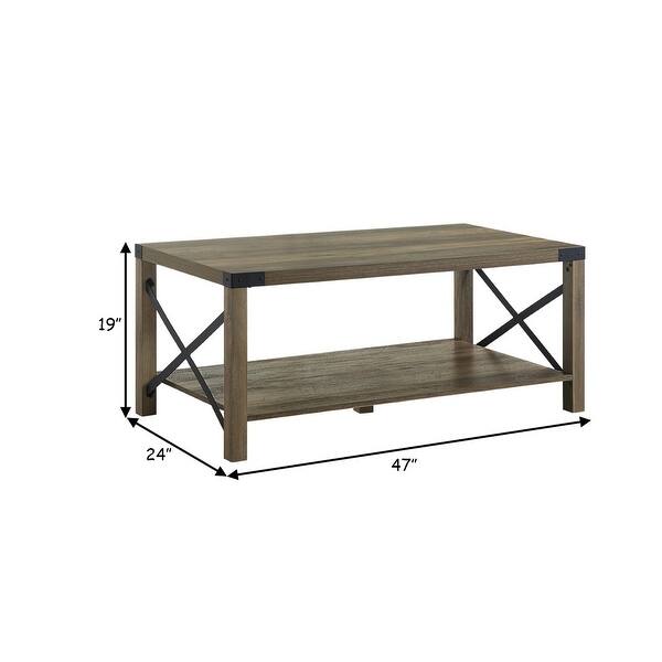 Eli 47 Inch Wood Coffee Table, Metal Brackets, Cross Bars, Rustic Oak ...