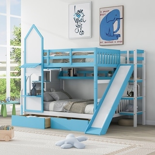 Modern Full Over Full Bunk Bed Frame withg 2 Drawers 3 Shelves and ...
