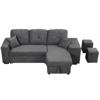 95" Pull-Out Sleeper Sofa w/ Side Shelf & 2 Stools, Storage Chaise ...