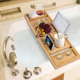 Bamboo Bathtub Tray Bath Adjustable Caddy Tray w Extendable Side ...