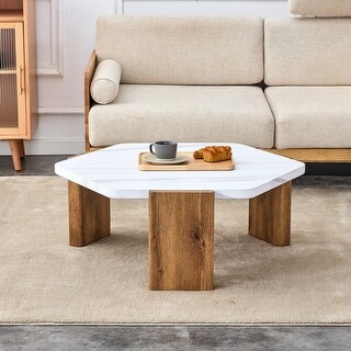 Hexagonal Center Table Coffee Table Faux Marble Top End Table, White ...
