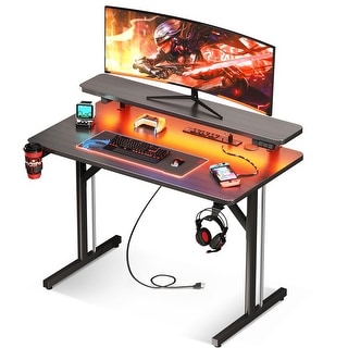 Small Gaming Desk with LED Lights & Power Outlets, 31 Inch Computer ...