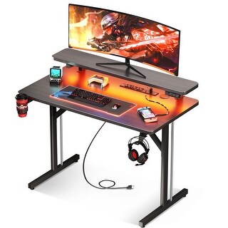 Small Gaming Desk with LED Lights & Power Outlets, 31 Inch Computer ...