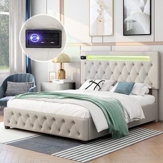 Platform Bed, Adjustable Headboard with Bluetooth Audio, LED Light and ...