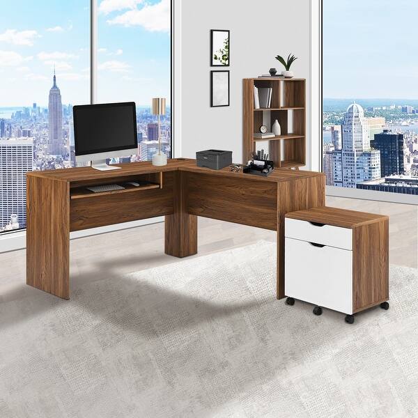 Snyder Mid-century Modern Walnut Wooden L-shaped Office Desk with File ...