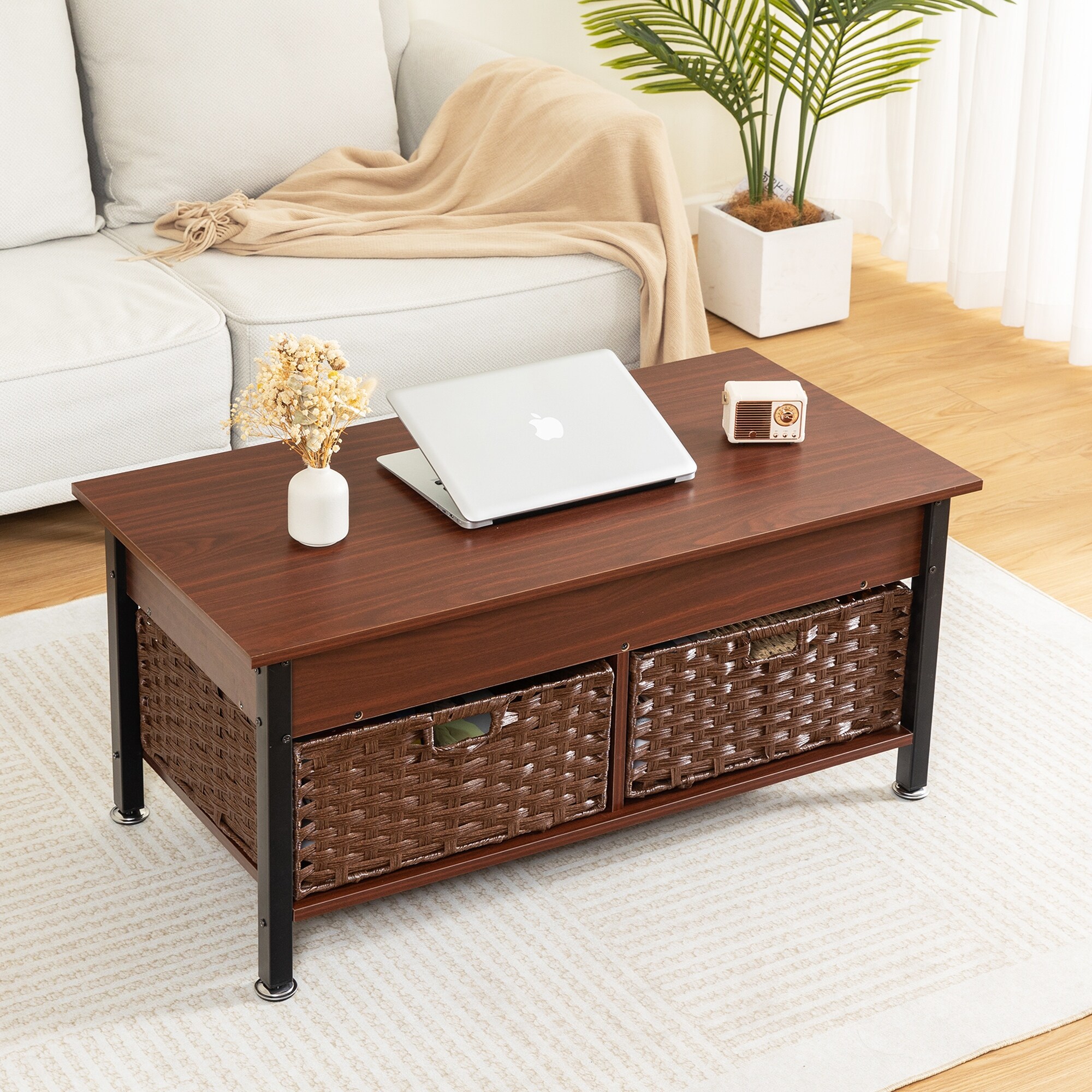Lift Top Coffee Table with Hidden Storage Space Versatile Brown Coffee Table with 2 Removable Wicker Baskets Bed Bath Beyond 40550581