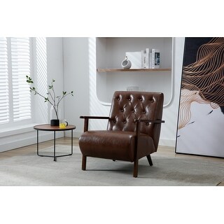 Brown PU Padded Accent Chair Barrel Chair Lounge Wooden Arm Chair - Bed ...