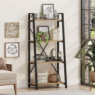 Farmhouse Ladder Shelf Bookcase, 4 Tier Rustic Ladder Bookshelf ...