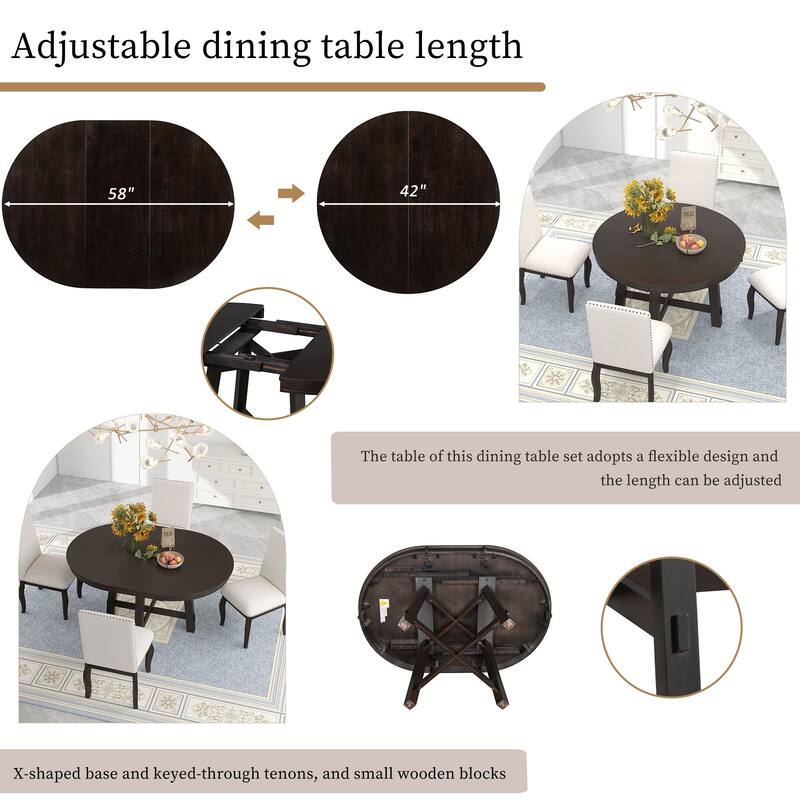 5 Piece Farmhouse Dining Table Set Wood Round Extendable Dining Table
