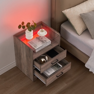 Modern LED End Side Table with 2 Drawers and Tempered Glass Top - Bed ...