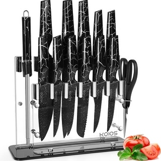 16 Pcs Nonstick Knife Set with Acrylic Stand,6 Serrated Steak Knives ...