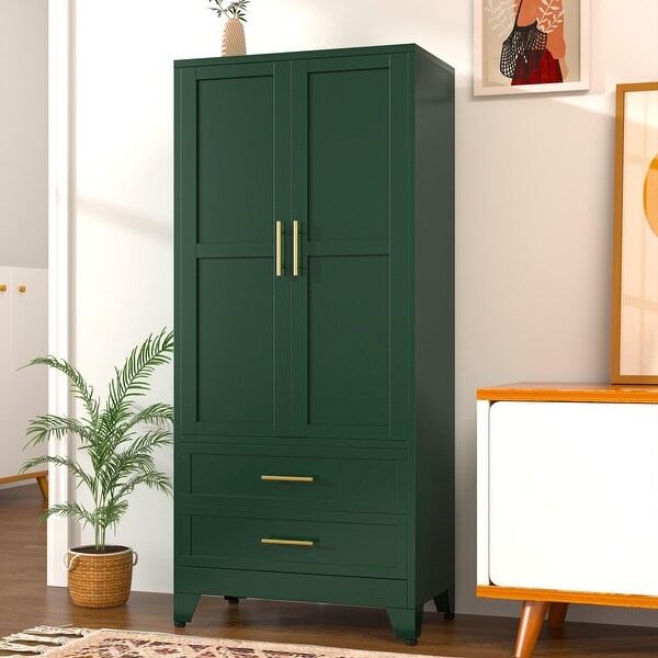 Timechee Wardrobe Armoire Wooden Closet with Mirror 4 Doors 2 Drawers ...
