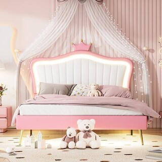Modern Queen Size Princess Bed with Crown Headboard Upholstered Bed ...