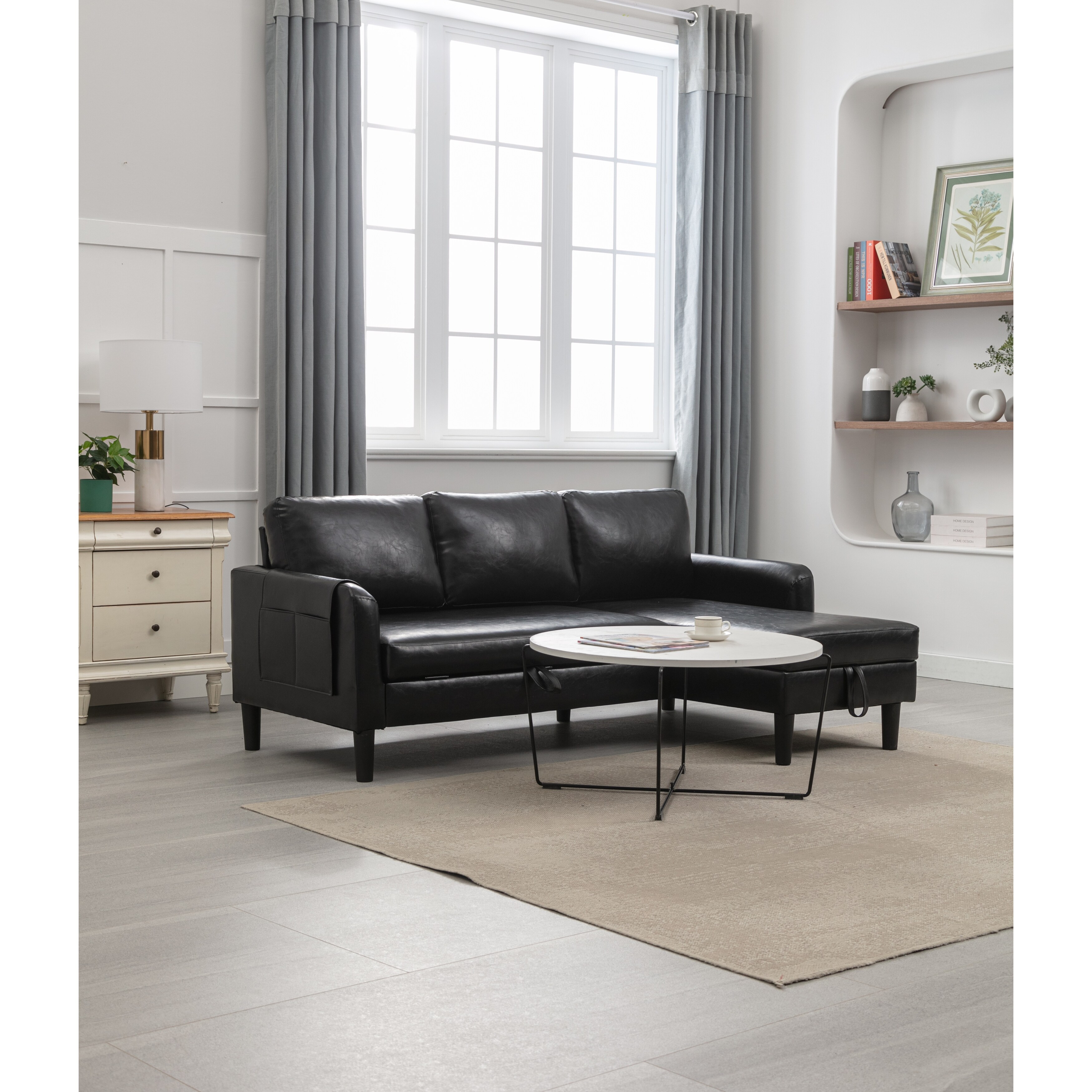 Reversible Sleeper Sectional Sofa with Storage Chaise, PU Leather - Bed ...