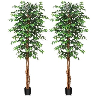 Artificial Ficus Tree with Natural Wood Trunk, Silk Fake Ficus Tree in ...