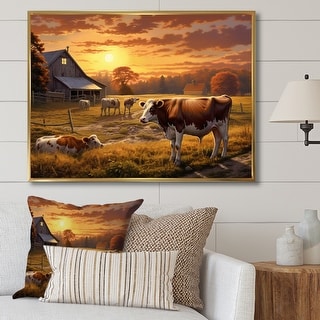 Designart "Cows At Farm Landscape III" Animals Framed Canvas Art Print ...