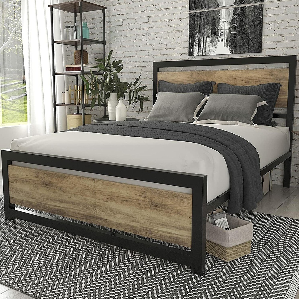 King Size Metal Bed Frame with Wooden Headboard & Footboard, Black - On ...