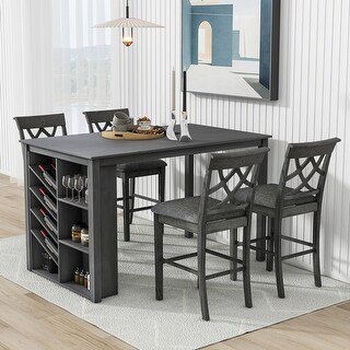 5-Piece Counter Height Dining Table Set Grey Bar Table with Wine Rack ...