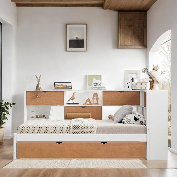 L Shaped Twin Bed Frame with Trundle Walnut White Bed Bath Beyond 41049253