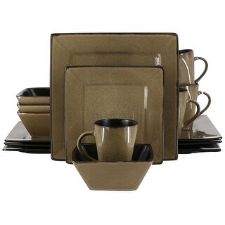 16 Piece Hard Square Stoneware Dinnerware Set in Taupe and Black - Bed ...