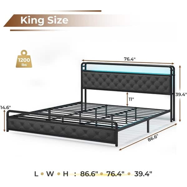 Bed Frame LED Light Headboard Platform Bed Frame Faux Leather - Bed ...
