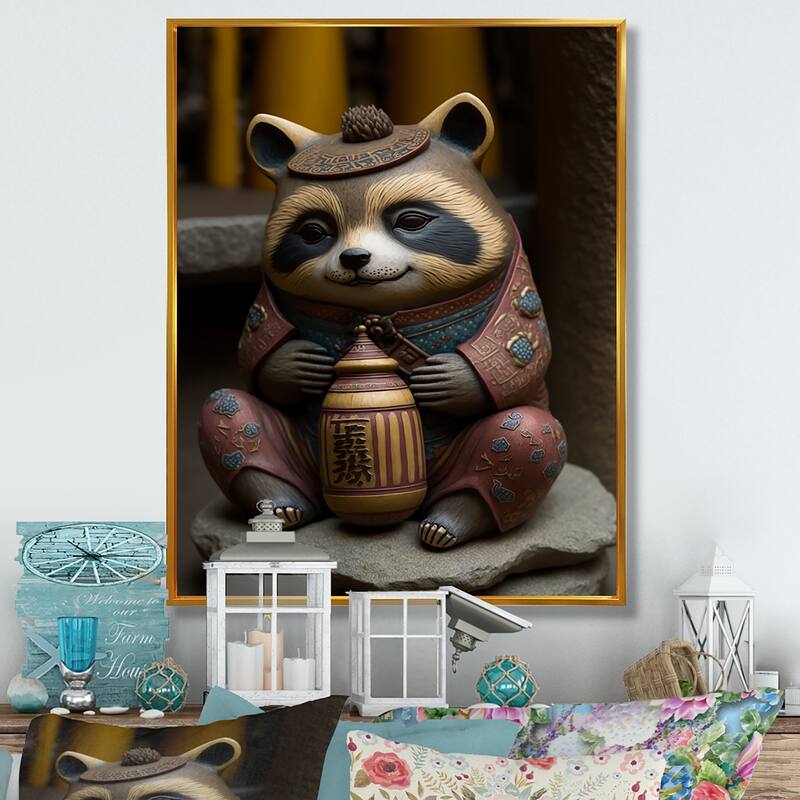 Designart "Happy Terracotta Tanuki III" Animals Raccoon Framed Canvas ...