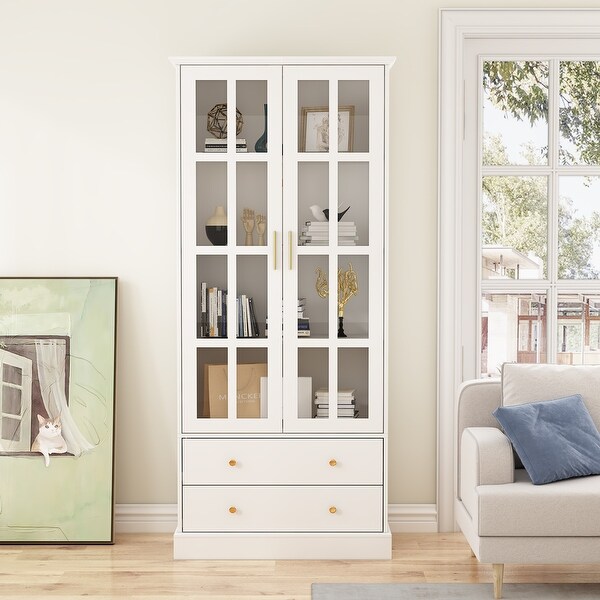 FUFU GAGA Glass Display Cabinet with 4 Shelves 2 Doors Curio Cabinets Pantry 31.5 inchWx70.1 inchh Black