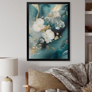 Designart "Golden Blue Marble Flower Design Ii" Floral Framed Wall Art ...