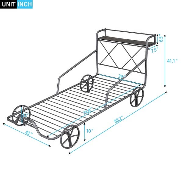 Twin Size Metal Car Bed with Four Wheels, Guardrails and X-Shaped Frame ...