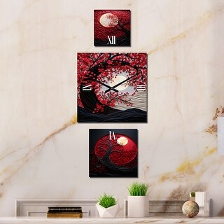 Designart "Red Moon Ruby Radiance " Moon Set Of 3 - Extra large Clock ...