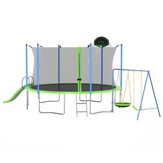 Outdoor Backyard Trampoline with Net, Slide and Swings, Basketball Hoop ...