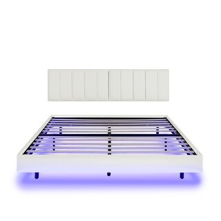 LED Upholstered Floating Bed with Wall Mounted Headboard, White Queen ...
