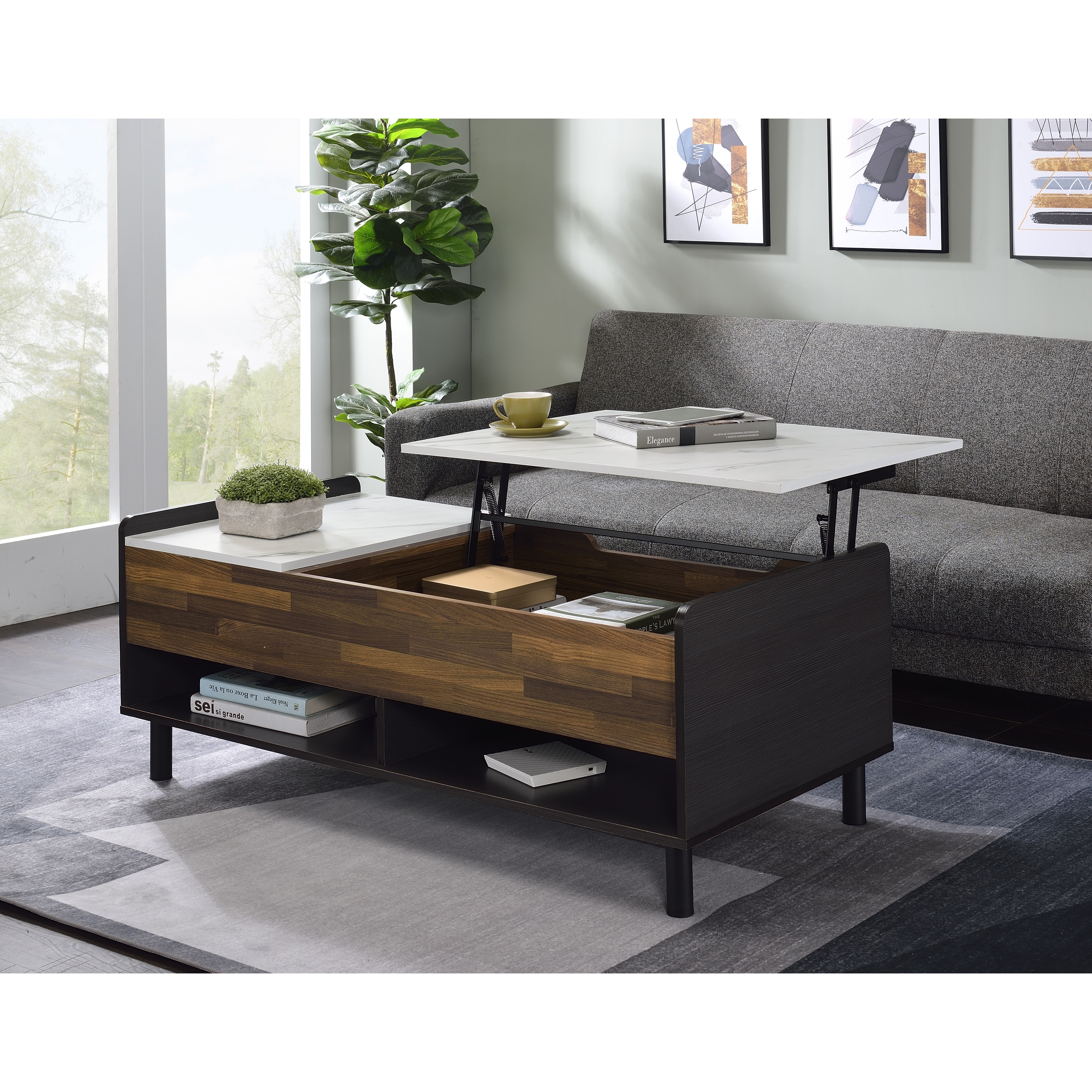 Modern White Lift Top Glass Coffee Table with Drawers & Storage - On ...