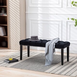 Black Simple Footrest Bench Corridor Bench with Rubberwood Legs, Velvet ...