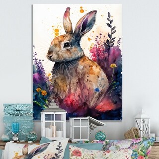Designart 'Cute Rabbit Floral Art II' Animals Canvas Wall Art - Bed ...