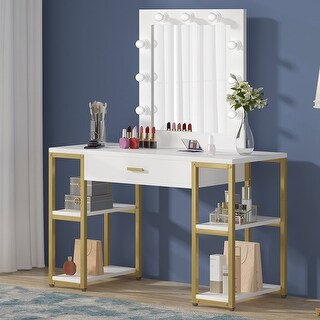 Gold Vanity Table with Lighted Mirror, White Makeup Dressing Table with ...