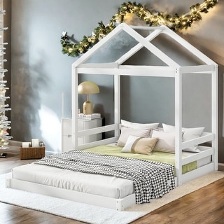 Wood Full Size House Bed with Guardrail and House-shaped Frame - Bed ...