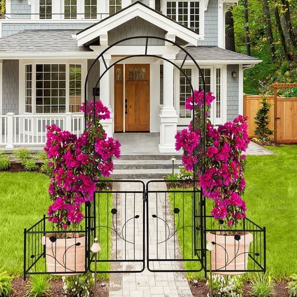 Outdoor Metal Garden Arbor with Gate & 2 Plant Stands, Rose Arch - Bed ...