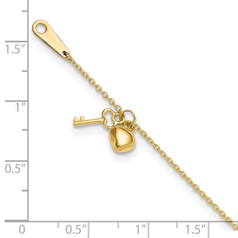 Curata Women's 14k Yellow Gold Gold Heart and Key Anklet - 10 Inch ...