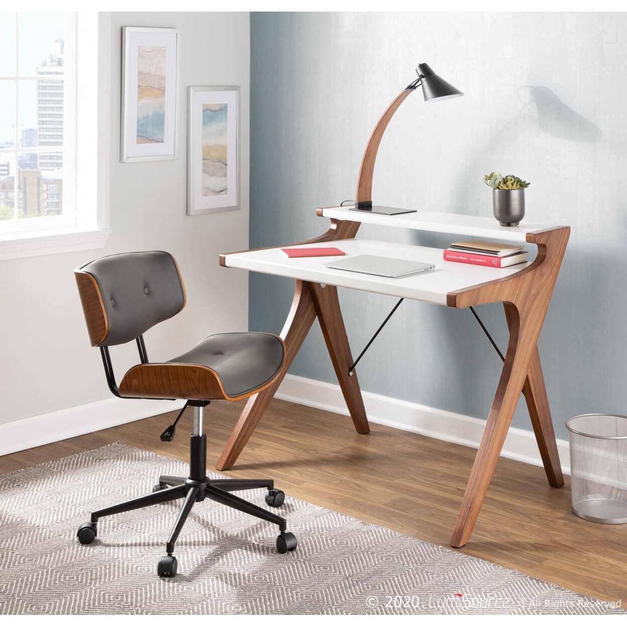 Lombardi MidCentury Modern Adjustable Office Chair With Swivel In Walnut And Grey Walnut Grey 21.5 Lx20 Wx31 34.5 H Bed Bath Beyond 37549757
