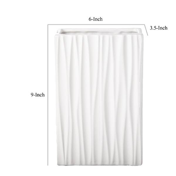 9 Inch Rectangular Ceramic Vase with Embossed Wavy Pattern, White - Bed ...
